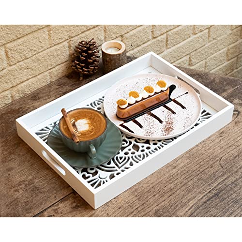 LINKOVE Wooden Serving Tray with Handles, White Wood Couch Ottoman Tray for Living Room, Decorative Tray for Coffee Table Kitchen Counter, Candle Perfume Tray Displayed for Bedroom Bathroom,15" x 10"