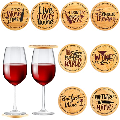 Tessco 8 Pcs Wine Glass Covers Funny Wood Drinking Glass Covers to Keep Bugs out Bamboo Water Glass Toppers Keeps Debris out for Party Wine Accessories Housewarming Gifts