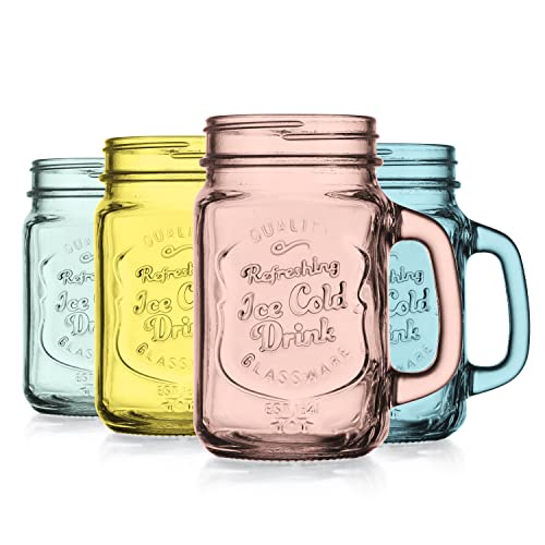 Glaver's Mason Jar Drinking Glasses Set Of 4, 15 oz. Colored Mugs With Embossed Ice-Cold Drinkware Logo, Glass Mason Jar Mug With Handle. For Smoothies, Cocktails, Beverages.