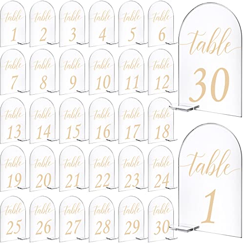 Vicenpal 30 Sets Arch Acrylic Sign Gold Printed 1-30 Table Signs with Stands Calligraphy Clear Table Number Display Stand for Wedding Reception Event Party Restaurant Centerpieces Decor (4 x 6 Inch)