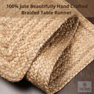 UniQloth Farmhouse Jute Burlap Braided Table Runner 36 Inches Long - 13x36 Natural Jute Braided Table Runner 100% Jute Hand Crafted Rustic Vintage Dining Table Runner Natural