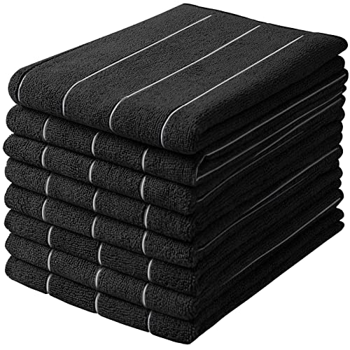 Microfiber Kitchen Towels - Super Absorbent, Soft and Thick Dish Hand Towels, 8 Pack (Stripe Designed Black Colors), 26 x 18 Inch