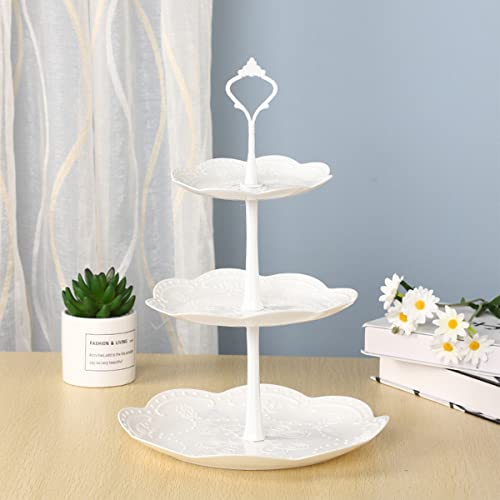 10 Pcs Cake Stand White Plastic Dessert Table Stand Set 4 Pcs 3 Tire Cupcake Display Stands Cookie Tray Rack Serving Tray Cake Display Tower and 6 Pcs Dessert Trays for Wedding Baby Shower Tea Party