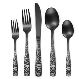 oiulo pattern matte silverware set for 8,40-piece gothic matte black flatware set,unique pattern design,satin finish cutlery for 8,halloween skull tableware utensils for kitchen square