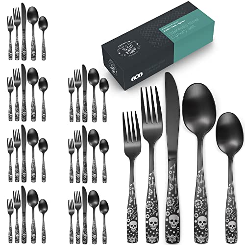 OIULO Pattern Matte Silverware Set for 8,40-Piece Gothic Matte Black Flatware set,Unique Pattern Design,Satin Finish Cutlery for 8,Halloween Skull Tableware Utensils for Kitchen Square