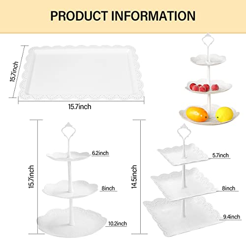 10 Pcs Cake Stand White Plastic Dessert Table Stand Set 4 Pcs 3 Tire Cupcake Display Stands Cookie Tray Rack Serving Tray Cake Display Tower and 6 Pcs Dessert Trays for Wedding Baby Shower Tea Party