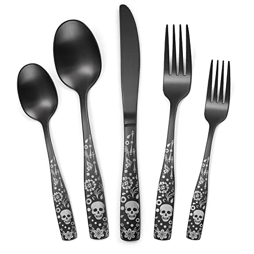 OIULO Pattern Matte Silverware Set for 8,40-Piece Gothic Matte Black Flatware set,Unique Pattern Design,Satin Finish Cutlery for 8,Halloween Skull Tableware Utensils for Kitchen Square