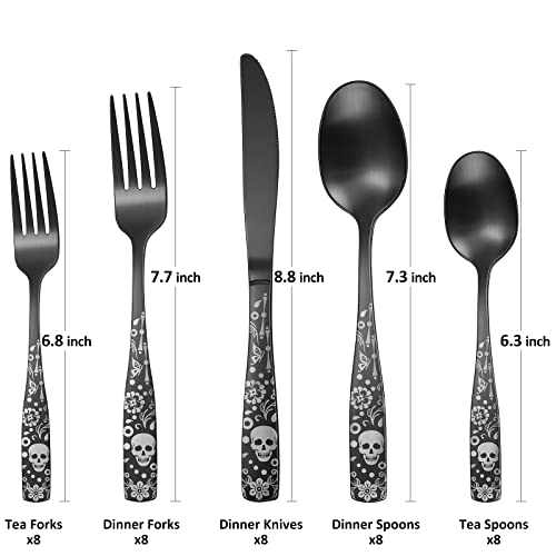 OIULO Pattern Matte Silverware Set for 8,40-Piece Gothic Matte Black Flatware set,Unique Pattern Design,Satin Finish Cutlery for 8,Halloween Skull Tableware Utensils for Kitchen Square