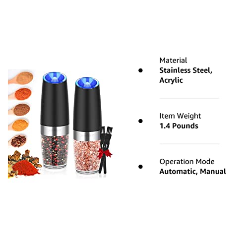 Gravity Electric Salt and Pepper Grinder Set, Joyfort Automatic Pepper Mill Grinder Battery Powered with Adjustable Coarseness, Stainless Steel,Blue LED Light, Support One Hand Use, Black-2 Pack