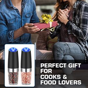 Gravity Electric Salt and Pepper Grinder Set, Joyfort Automatic Pepper Mill Grinder Battery Powered with Adjustable Coarseness, Stainless Steel,Blue LED Light, Support One Hand Use, Black-2 Pack