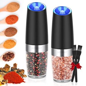 gravity electric salt and pepper grinder set, joyfort automatic pepper mill grinder battery powered with adjustable coarseness, stainless steel,blue led light, support one hand use, black-2 pack