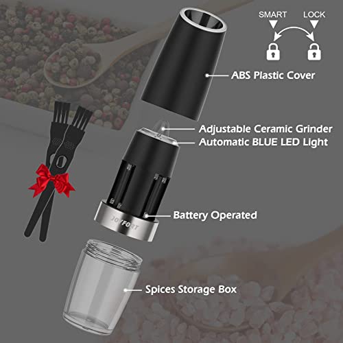 Gravity Electric Salt and Pepper Grinder Set, Joyfort Automatic Pepper Mill Grinder Battery Powered with Adjustable Coarseness, Stainless Steel,Blue LED Light, Support One Hand Use, Black-2 Pack