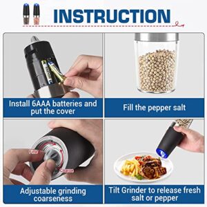 Gravity Electric Salt and Pepper Grinder Set, Joyfort Automatic Pepper Mill Grinder Battery Powered with Adjustable Coarseness, Stainless Steel,Blue LED Light, Support One Hand Use, Black-2 Pack