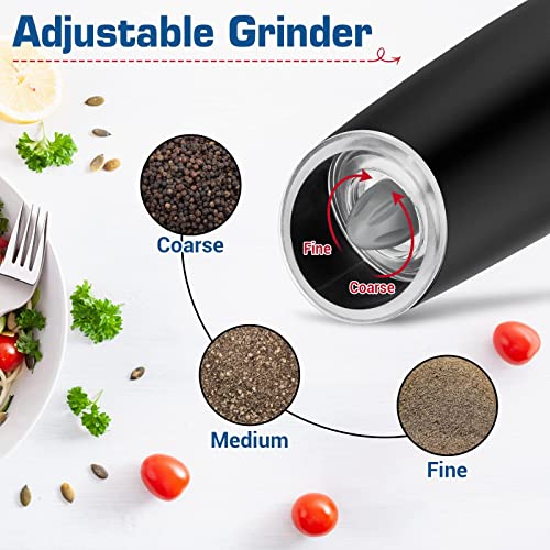 Gravity Electric Salt and Pepper Grinder Set, Joyfort Automatic Pepper Mill Grinder Battery Powered with Adjustable Coarseness, Stainless Steel,Blue LED Light, Support One Hand Use, Black-2 Pack