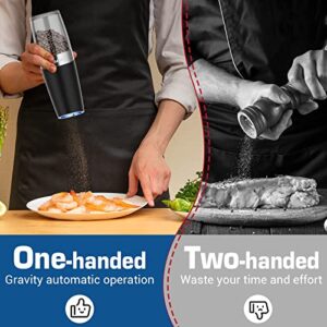 Gravity Electric Salt and Pepper Grinder Set, Joyfort Automatic Pepper Mill Grinder Battery Powered with Adjustable Coarseness, Stainless Steel,Blue LED Light, Support One Hand Use, Black-2 Pack