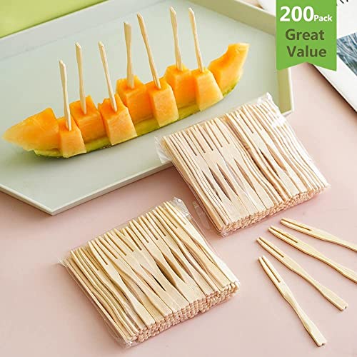 200 Pack Bamboo Cocktail Forks, 3.5 Inch Natural Bamboo Forks, Toothpicks for Appetizers for Party/Catering/Dessert/Fruit