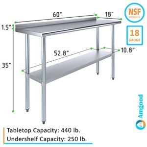 AmGood 18" X 60" Stainless Steel Work Table with 1.5" Backsplash | Metal Kitchen Food Prep Table | NSF