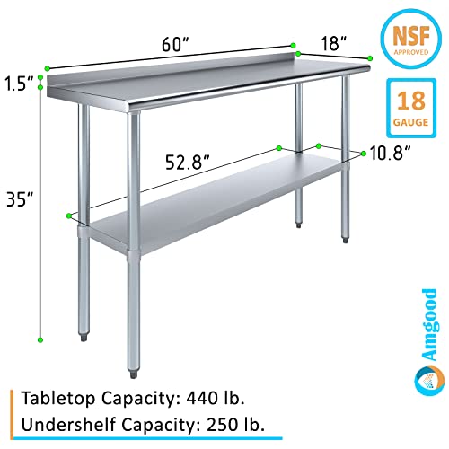 AmGood 18" X 60" Stainless Steel Work Table with 1.5" Backsplash | Metal Kitchen Food Prep Table | NSF