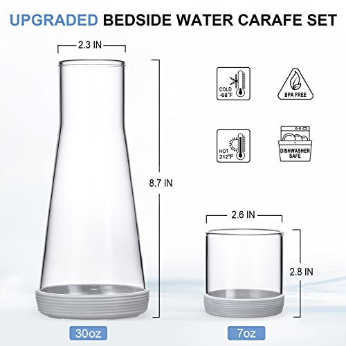 Bedside Water Carafe with tumbler Glass Set for Bedroom Nightstand, Thickened Mouthwash Water Carafe for Bathroom, Clear Glass Carafe with Cup for Night Glass Water Pitcher Set (30 OZ)