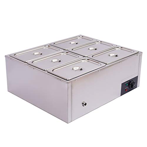 Fichiouy 850W Commercial 6-Pan Electric Countertop Steam Food Warmer, Stainless Steel Buffet Large Capacity 6 Lids Table Steamer Bain Marie for Restaurant