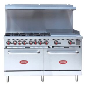 kratos 29y-046-lp 60" gas range, 6 burners, 280,000 btu output, 24" griddle, liquid propane gas