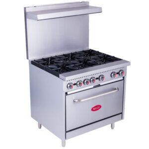 kratos 29y-044-lp 36" gas range, 6 burners, 210,000 btu output, liquid propane gas