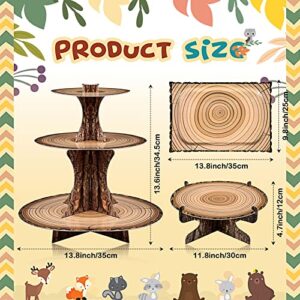 Sawysine 7 Pieces Woodland Cupcake Stand Set Includes 2 Wood Grain 3 Tier Cardboard 1 Rustic Dessert 4 Rectangle Serving Tray for Halloween Baby Shower Birthday (Rustic Style)