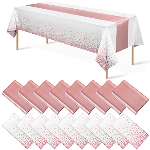 16 Pack Disposable Plastic Tablecloths and Satin Table Runner Set White and Rose Gold Dot Tablecloth Rose Gold Satin Table Runner for Wedding Birthday Baby Shower Anniversary Christmas New Year Party