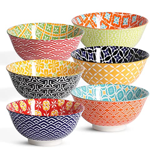 Metahom Ceramic Cereal Bowls, 23 Oz Colorful Soup Bowls, Deep Porcelain Bowl Set for Salad, Dessert, Pasta, Ice Cream,Set of 6