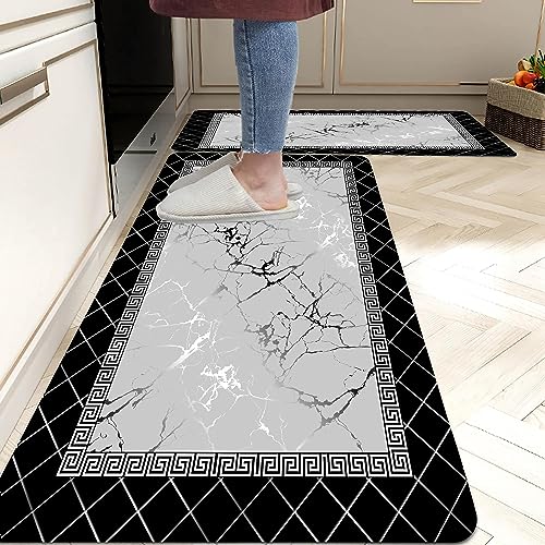 EMMTEEY 2 Pcs Black Kitchen Rug Memory Foam Kitchen Rug Abstract Modern Carpet Greek Frame Geometric and Marble PVC Kitchen Anti Fatigue Mats for Kitchen Floor Laundry Office Sink