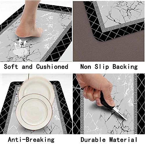 EMMTEEY 2 Pcs Black Kitchen Rug Memory Foam Kitchen Rug Abstract Modern Carpet Greek Frame Geometric and Marble PVC Kitchen Anti Fatigue Mats for Kitchen Floor Laundry Office Sink