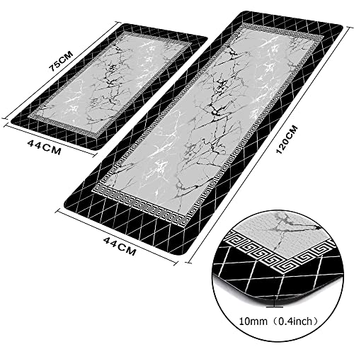 EMMTEEY 2 Pcs Black Kitchen Rug Memory Foam Kitchen Rug Abstract Modern Carpet Greek Frame Geometric and Marble PVC Kitchen Anti Fatigue Mats for Kitchen Floor Laundry Office Sink