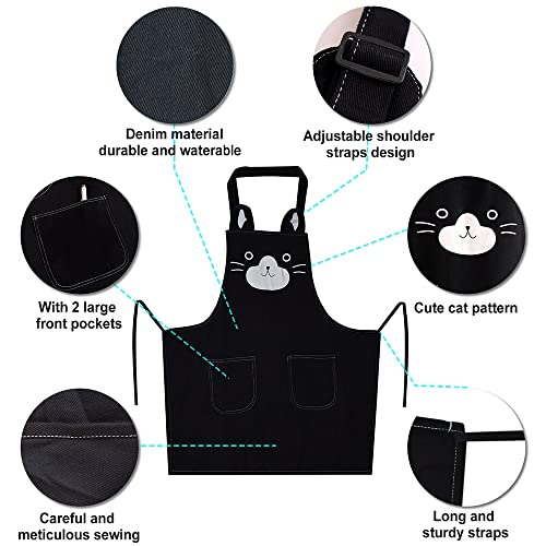 KIMCHOMERSE Apron with Cute Cat Pattern for Women Girls, Kitchen Apron with Front Pockets for Cooking Grilling Baking Serving Painting Gardening, Funny Gifts for Mom and Friends -Black