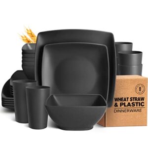 teivio 24-piece plastic wheat straw square dinnerware set for 6, unbreakable dinner plates, salad plates, snack bowls, tumblers 20 oz, dishwasher safe, black