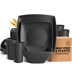 teivio 16-piece plastic wheat straw square dinnerware set for 4, unbreakable dinner plates, salad plates, snack bowls, tumblers 20 oz, dishwasher safe, black