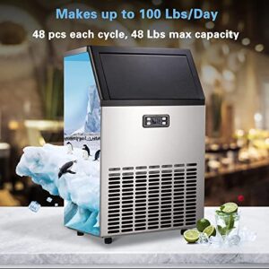 Electactic Ice Maker, Commercial Ice Machine,100Lbs/Day, Stainless Steel Ice Machine with 48 Lbs Capacity, Includes Scoop & Perfectware - PW Icebags-DS-100ct 10lb with Drawstring-100ct