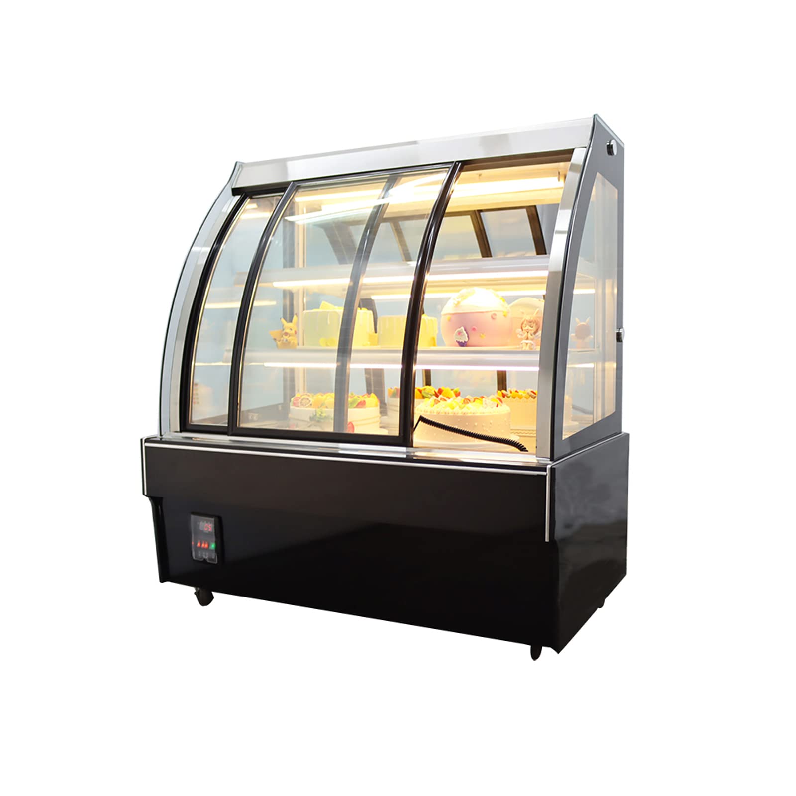 LGXEnzhuo Commercial Refrigerated Cake Display Cabinet Floor Type Curved Display Fridge Yellow LED Light Air-cooled Automatic Defrost Front Sliding Door 220V 3-layer