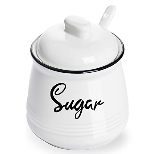 HAOTOP Farmhouse Porcelain Sugar Bowl with Lid and Spoon 12oz,Easy to Clean (White)