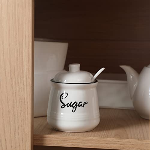 HAOTOP Farmhouse Porcelain Sugar Bowl with Lid and Spoon 12oz,Easy to Clean (White)