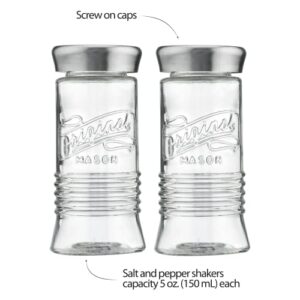 MosJos Mason Jar Salt and Pepper Shaker - Rustic Glass Condiment Dispenser Set with Metal Iron Caps. 5 Ounce Capacity Vintage Mason Jars. (Original Mason Salt & Pepper Shaker)