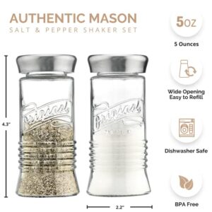 MosJos Mason Jar Salt and Pepper Shaker - Rustic Glass Condiment Dispenser Set with Metal Iron Caps. 5 Ounce Capacity Vintage Mason Jars. (Original Mason Salt & Pepper Shaker)