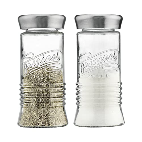 MosJos Mason Jar Salt and Pepper Shaker - Rustic Glass Condiment Dispenser Set with Metal Iron Caps. 5 Ounce Capacity Vintage Mason Jars. (Original Mason Salt & Pepper Shaker)