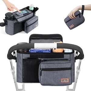 vanleestar new upgraded buggy organiser pram bag, holds 2 baby cup holders, baby pram accessories caddy storage bag parent console for baby jogger, non-slip design w/adjustable shoulder straps(grey)