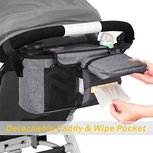 Vanleestar New Upgraded Buggy Organiser Pram Bag, Holds 2 Baby Cup Holders, Baby Pram Accessories Caddy Storage Bag Parent Console for Baby Jogger, Non-Slip Design w/Adjustable Shoulder Straps(Grey)