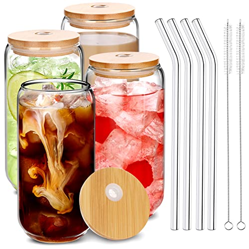 PUPUBLUE 4pcs Glass Cups with Bamboo Lids and Glass Straws, 16oz Drinking Glasses Can Shaped Glass Cups, Beer Glasses, Iced Coffee Glasses, Ideal for Whiskey, Gift, Wine, Cocktail- 2 Cleaning Brushes