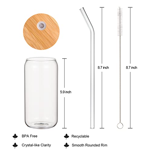 PUPUBLUE 4pcs Glass Cups with Bamboo Lids and Glass Straws, 16oz Drinking Glasses Can Shaped Glass Cups, Beer Glasses, Iced Coffee Glasses, Ideal for Whiskey, Gift, Wine, Cocktail- 2 Cleaning Brushes