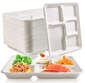 vmiapxo 50 pack natural bagasse fiber paper food trays,10"x 8",5 compartment dinner tray school lunch divided paper plates holders buffet party serving supplies (white)