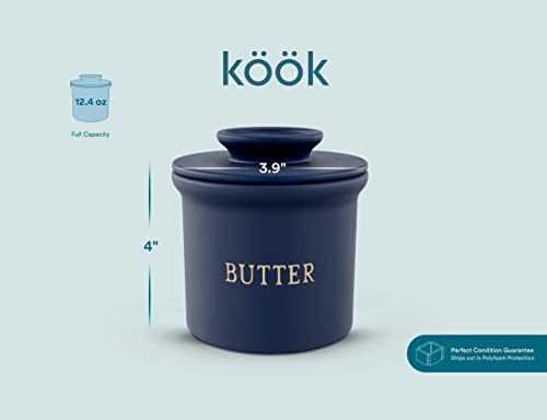 Kook Butter Keeper Dish, French Ceramic Crock with Lid, Embossed Container, For Soft Butter (Matte Navy)