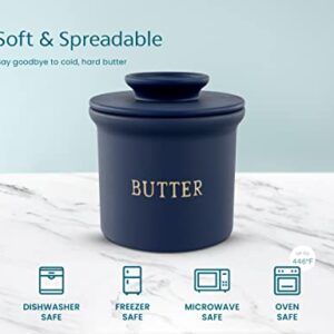 Kook Butter Keeper Dish, French Ceramic Crock with Lid, Embossed Container, For Soft Butter (Matte Navy)