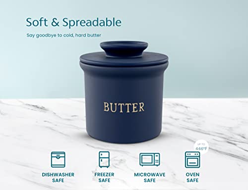 Kook Butter Keeper Dish, French Ceramic Crock with Lid, Embossed Container, For Soft Butter (Matte Navy)